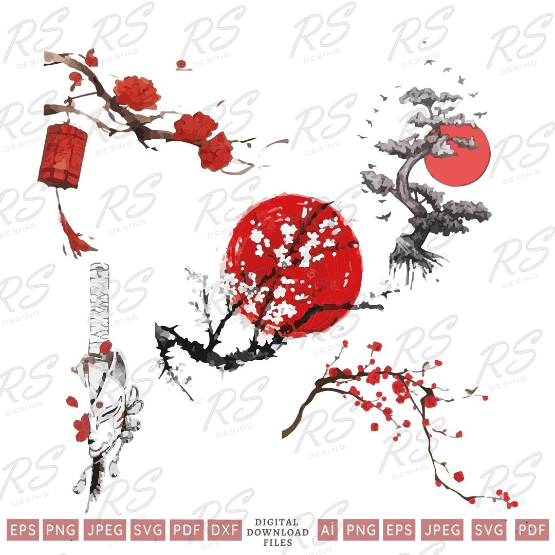 Japanese Rose Swg Bundle, Full Moon Silhouette, Rose Tattoo Svg, Floral ...