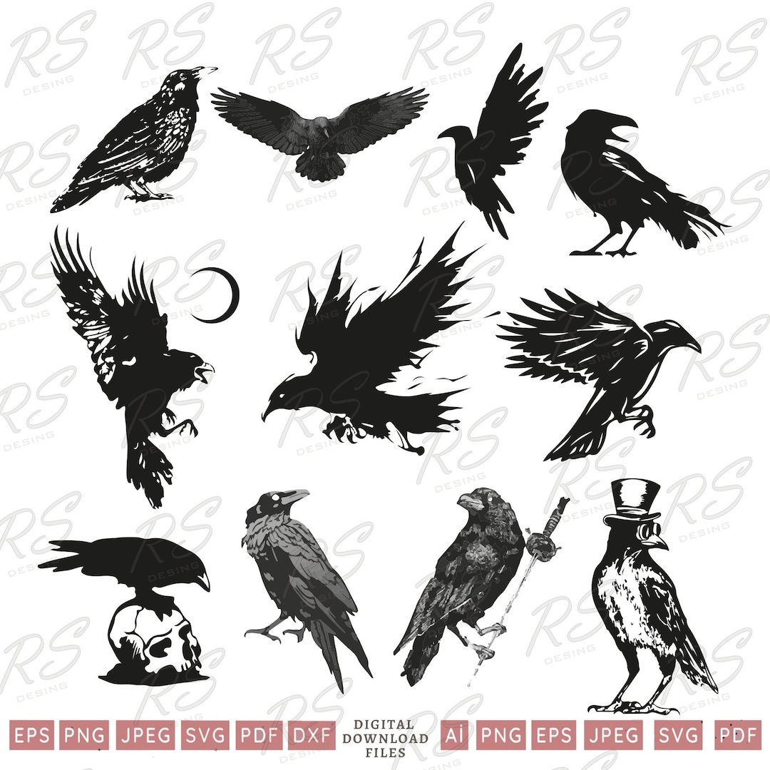 Skull Eating Crow Svg, Black Raven Svg Png Bundle, Crow's Wing Vector ...