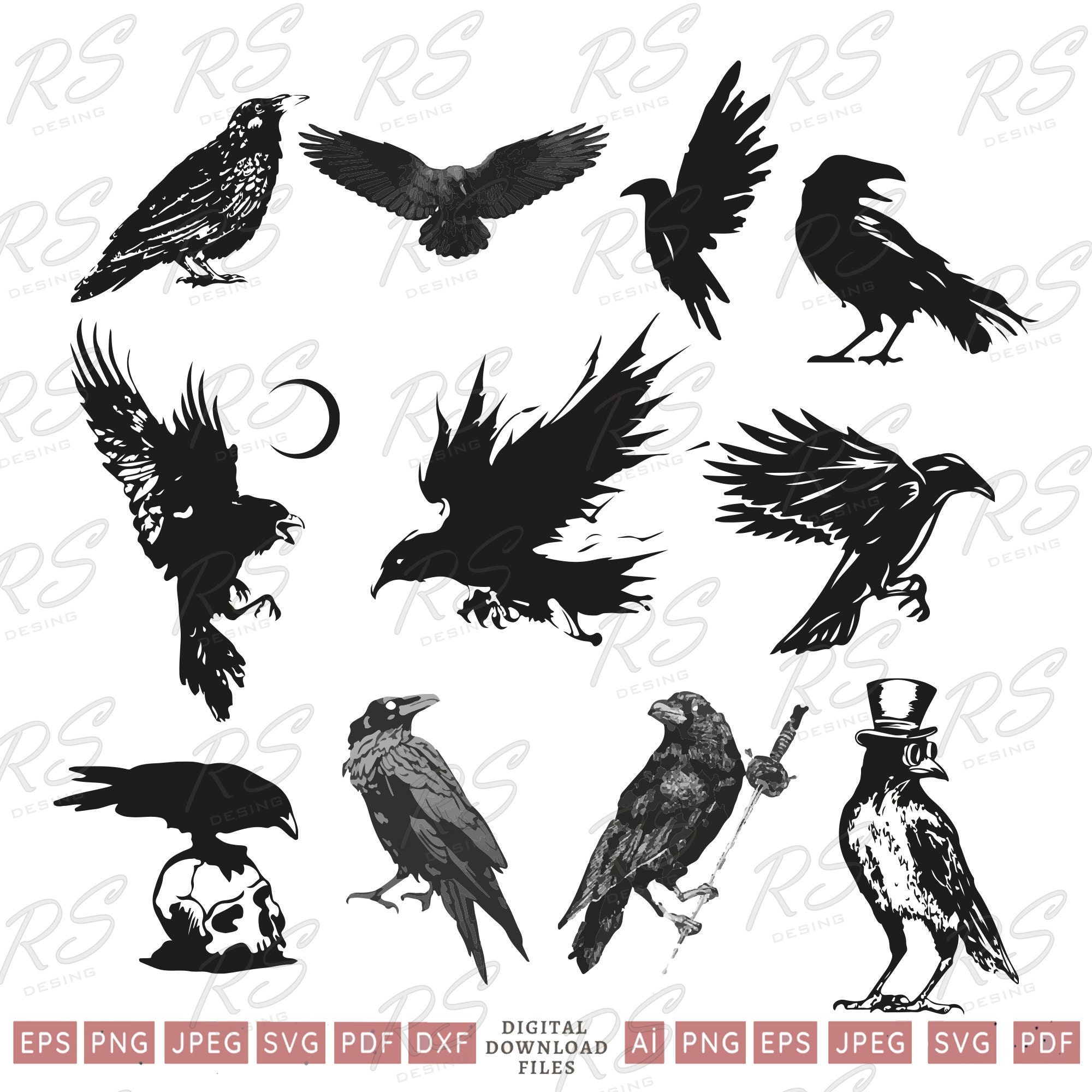 Skull Eating Crow Svg, Black Raven Svg Png Bundle, Crow's Wing Vector ...