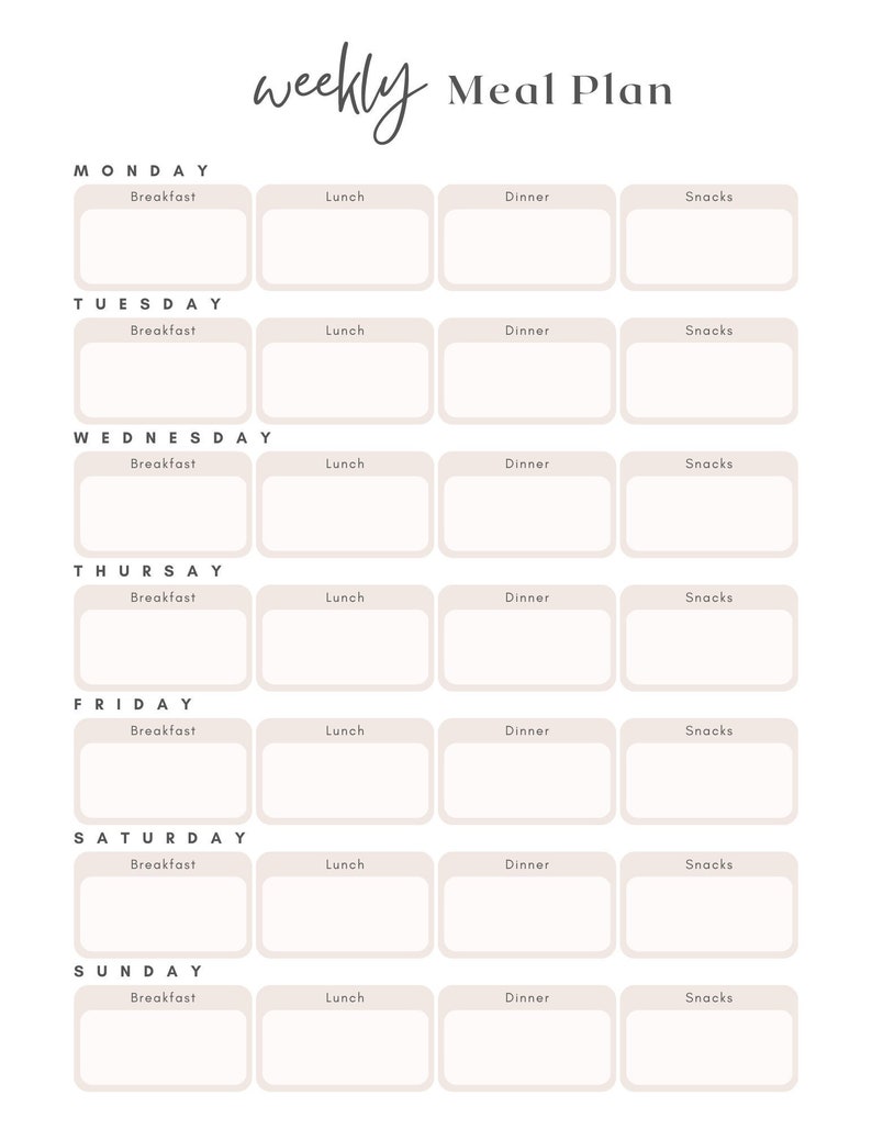Printable Weekly Meal Plan for Breakfast, Lunch, Dinner and Snacks - Etsy