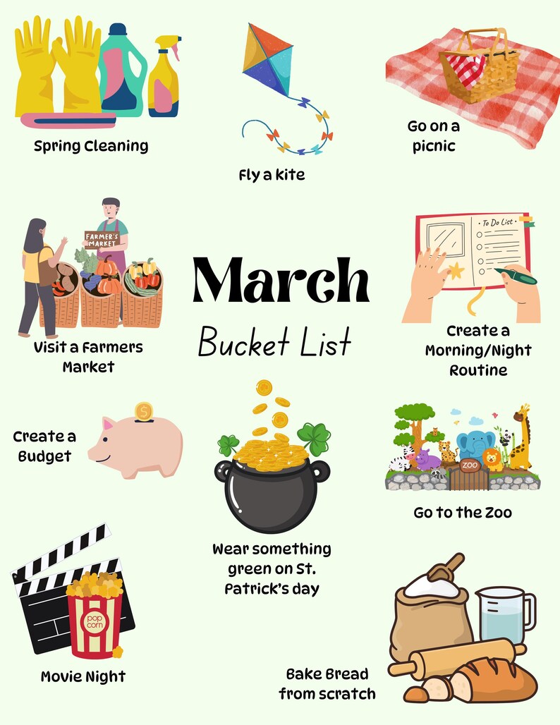 March Bucket List | Spring Activities, Self-care Ideas (digital ...