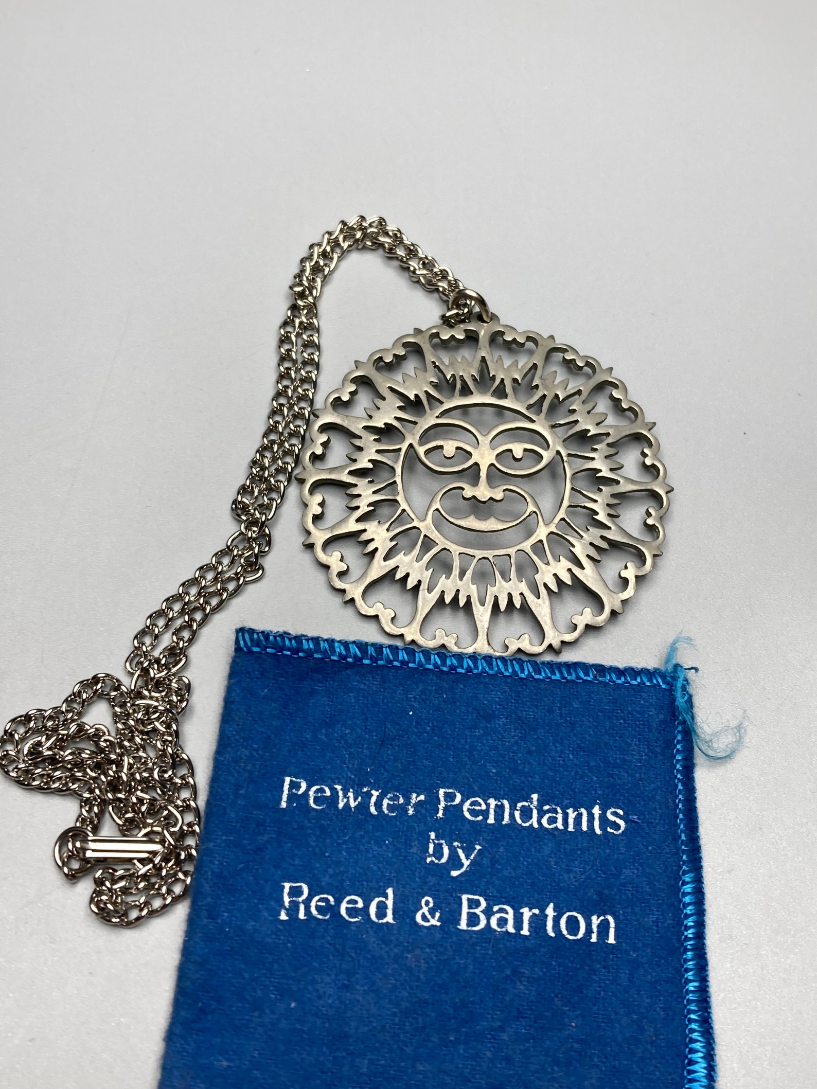 Reed and Barton R&B Signed Vintage Pewter Sun Face Pendant Necklace, 24 ...