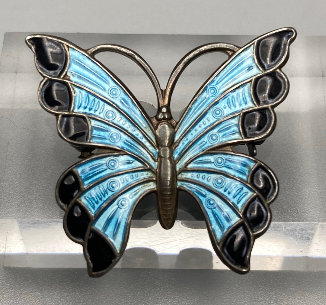 MEKA Denmark Sterling Enamel Butterfly Brooch Beautiful Blue & Black ...
