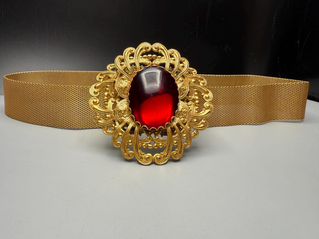 Miriam Haskell Signed Art Nouveau Style Gold Mesh Belt W Red Rhinestone ...