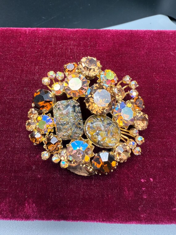 AUSTRIA Signed Brooch VTG Glass Opal Cats Eye Rhinest… - Gem