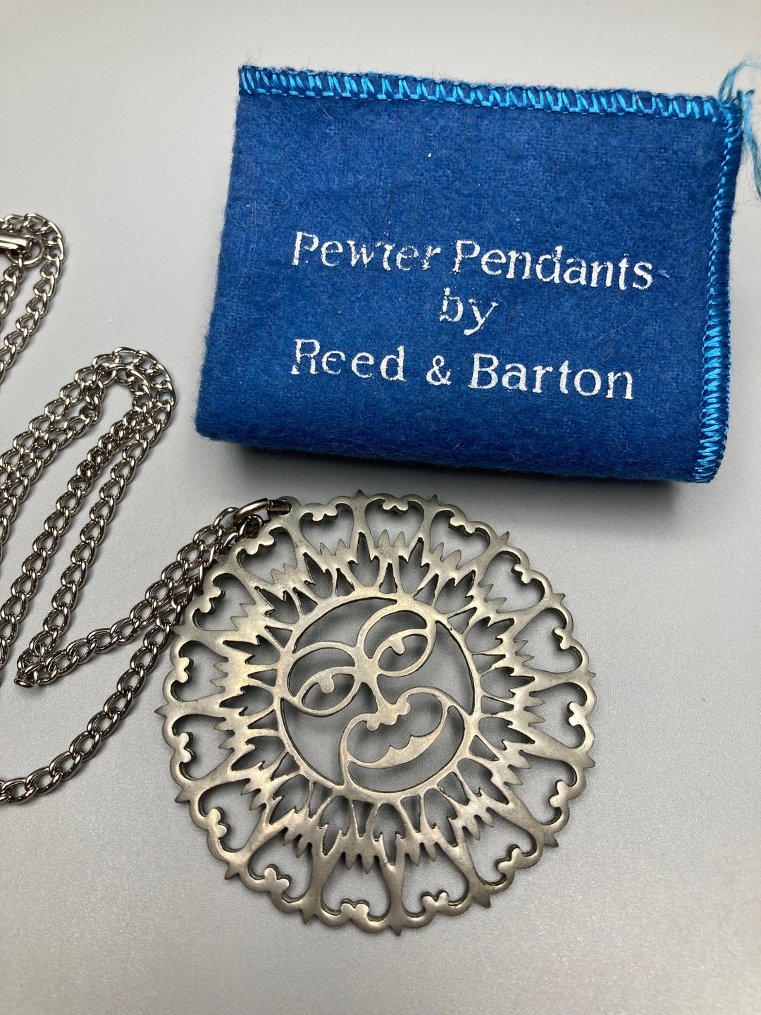 Reed and Barton R&B Signed Vintage Pewter Sun Face Pendant Necklace, 24 ...