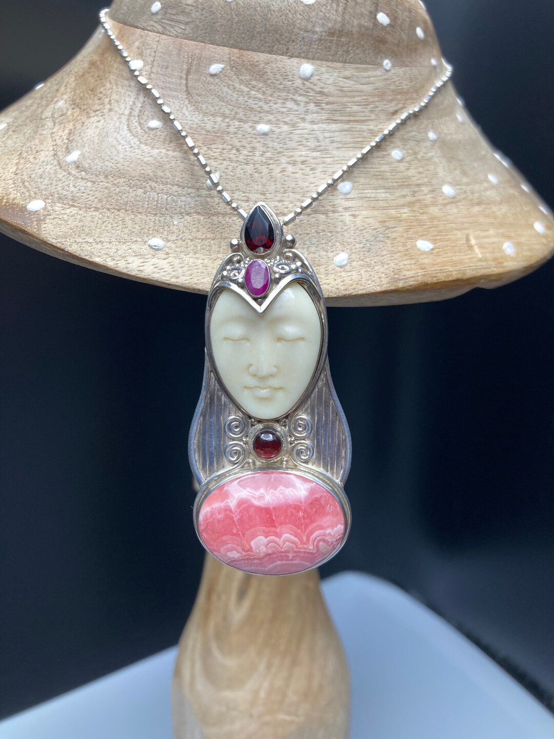 Sajen Sterling Silver Carved Goddess Face Ruby Garnet Rhodochrosite ...