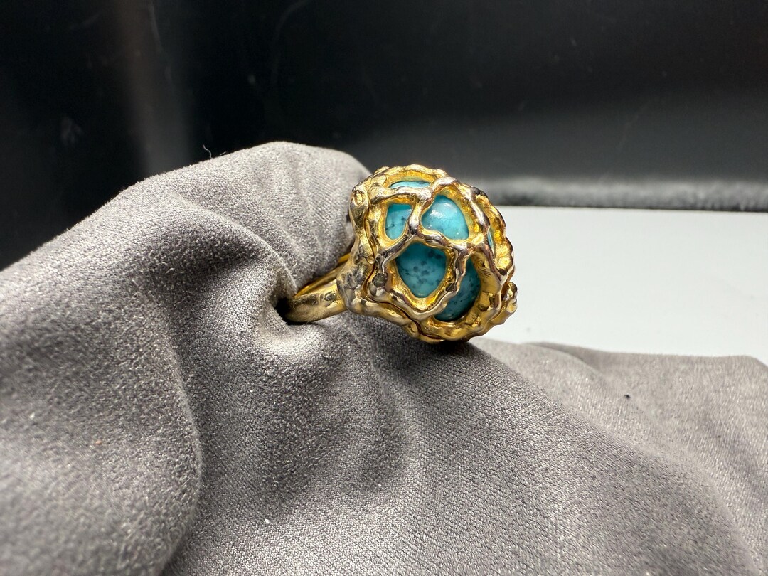 Vintage Crown Trifari Caged Ring Size 6.75 Gold Tone Signed Faux ...