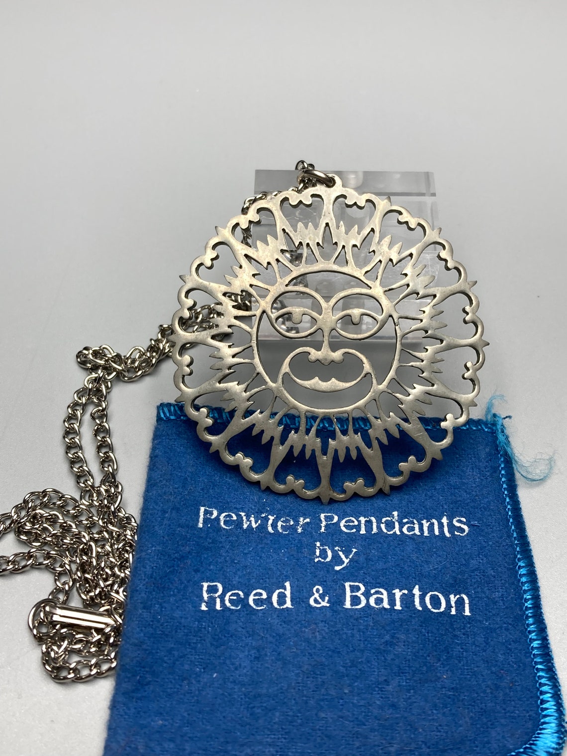 Reed and Barton R&B Signed Vintage Pewter Sun Face Pendant Necklace, 24 ...