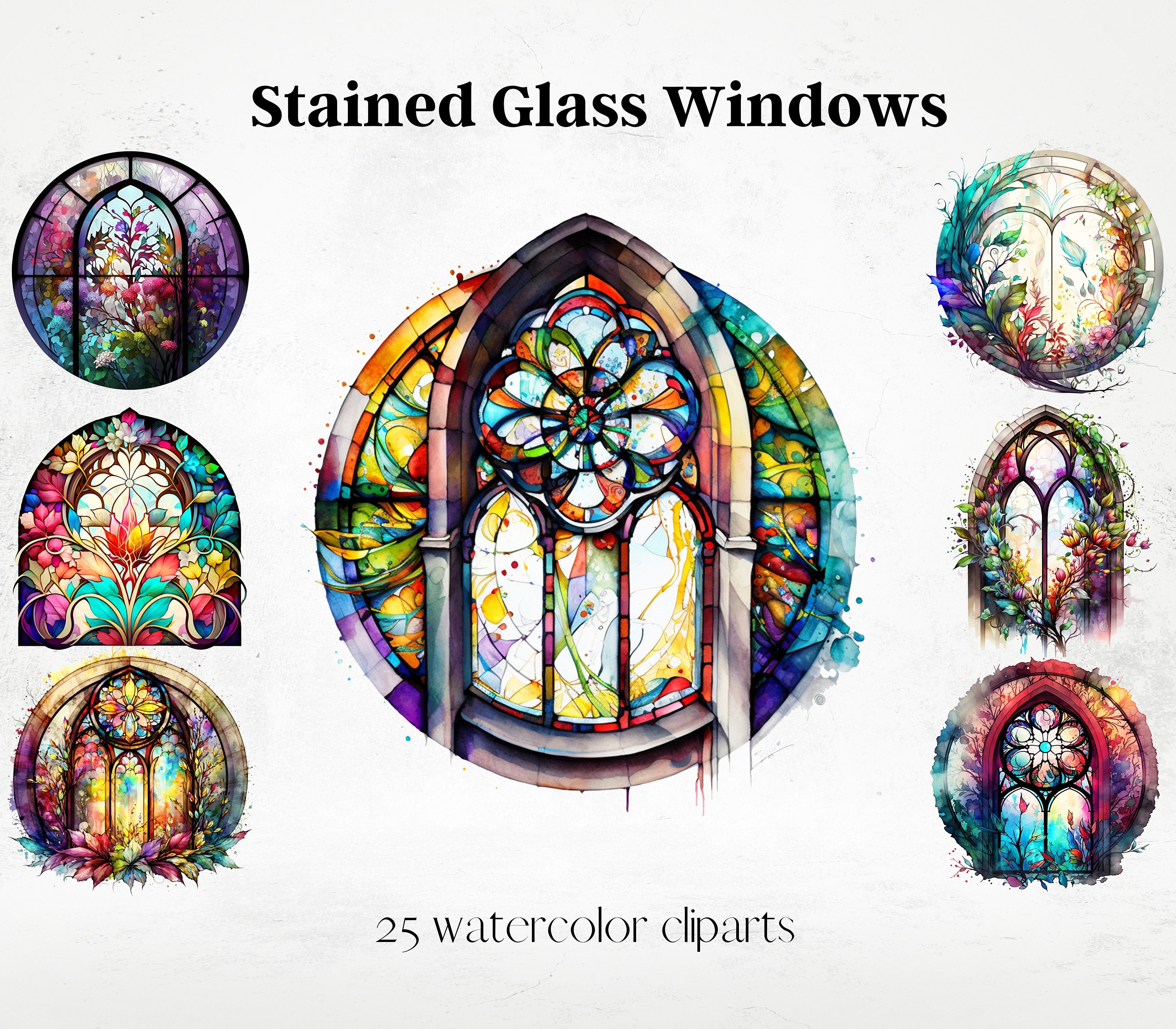 Watercolor Stained Glass Windows Clipart Colourful Glass - Etsy