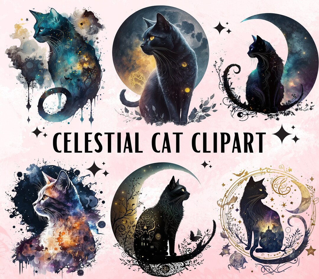 Watercolor Black Cats Clipart, Moon Cat Clip Art, Celestial Cat Clipart ...