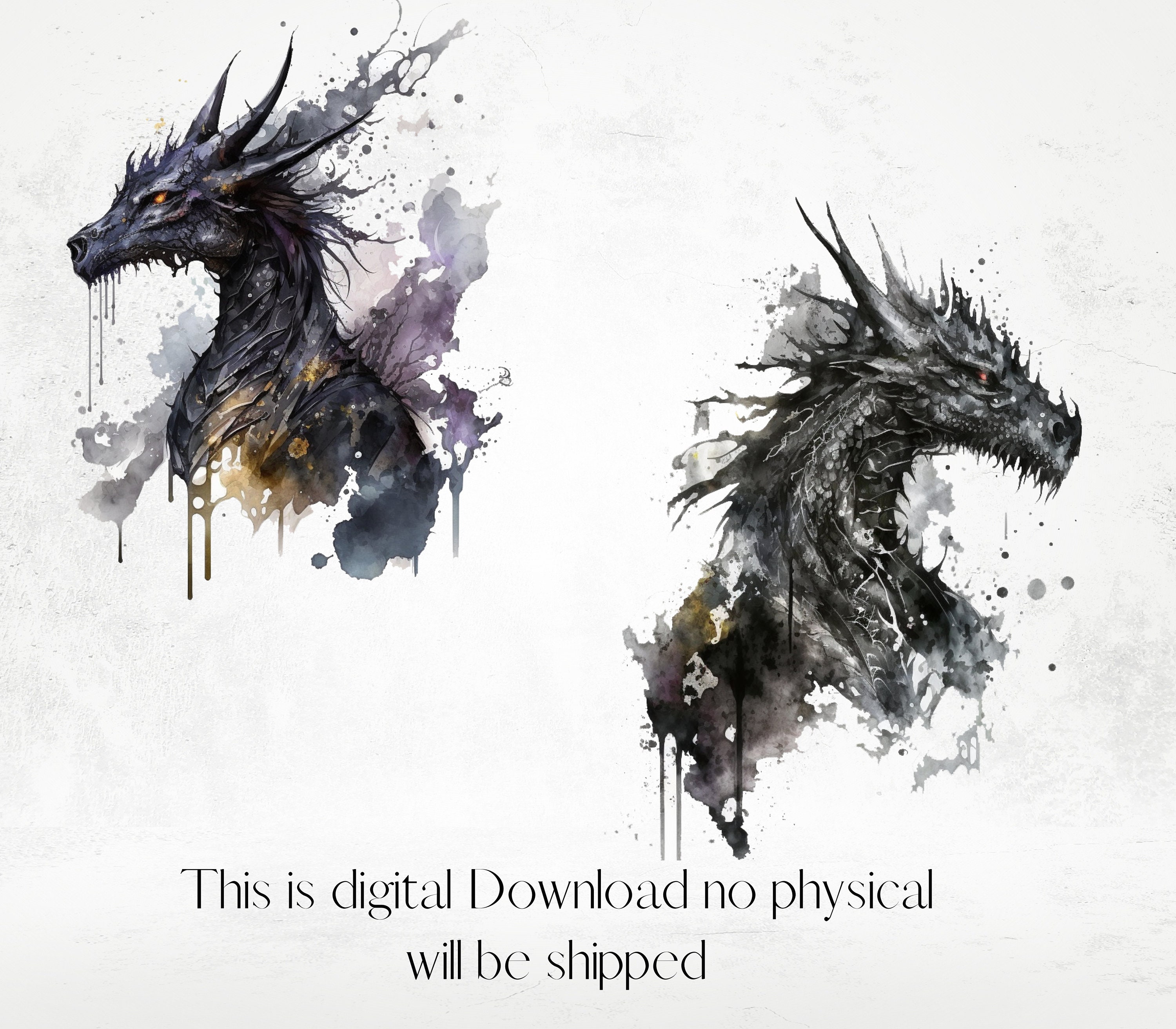Watercolour Gothic Dragons Clipart Dark Fantasy Black Dragon - Etsy