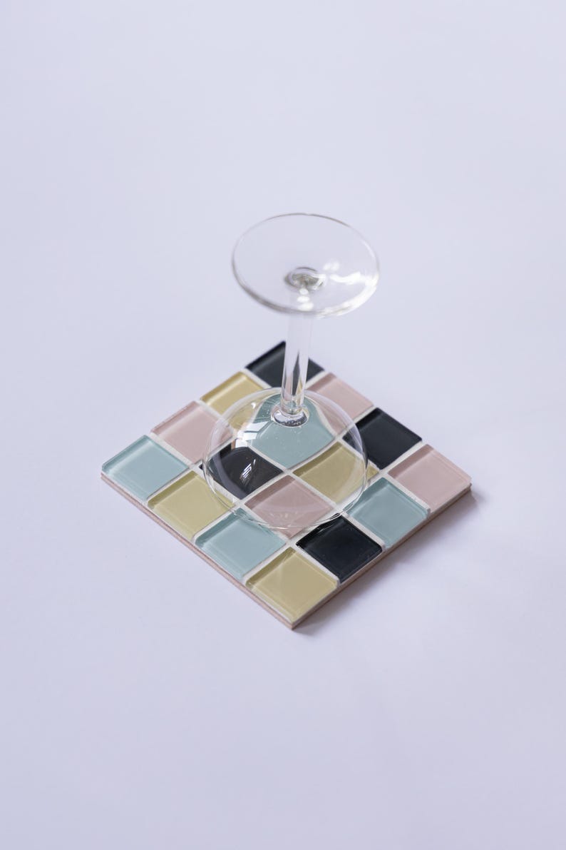 Glass Tile Checkered Coaster (1 Pc) - Handmade Mosaic Drink Mat - Glass ...