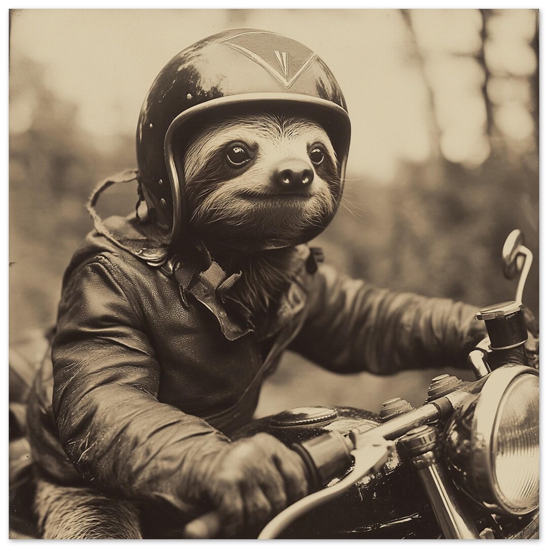 Vintage Sloth Motorcycle Rider Poster Fine Art Giclée Print Eco ...