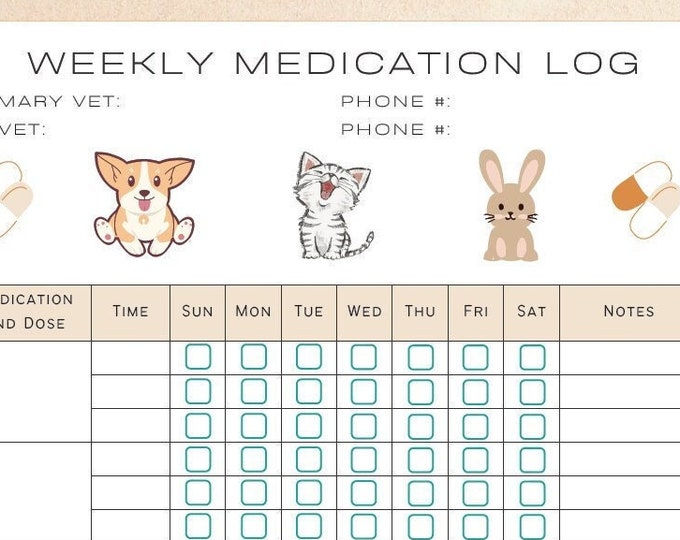 Vet Created, EDITABLE Printable Weekly Pet Medication Log , Pill ...