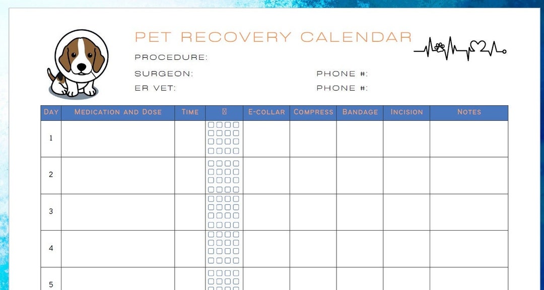 Pet Recovery Calendar: 2-week Post-op Medication Log (editable ...