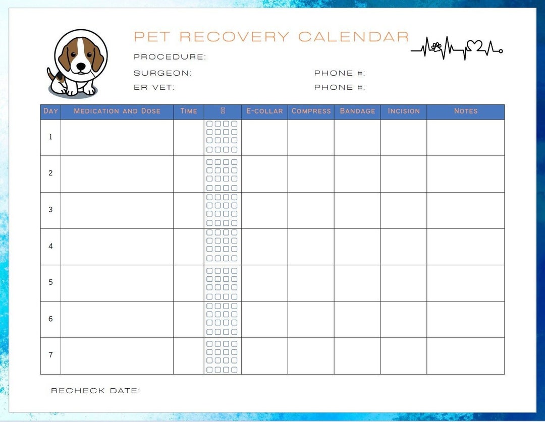 Vet Created, NON-EDITABLE Printable 2 Week Post-operative Pet Recovery ...
