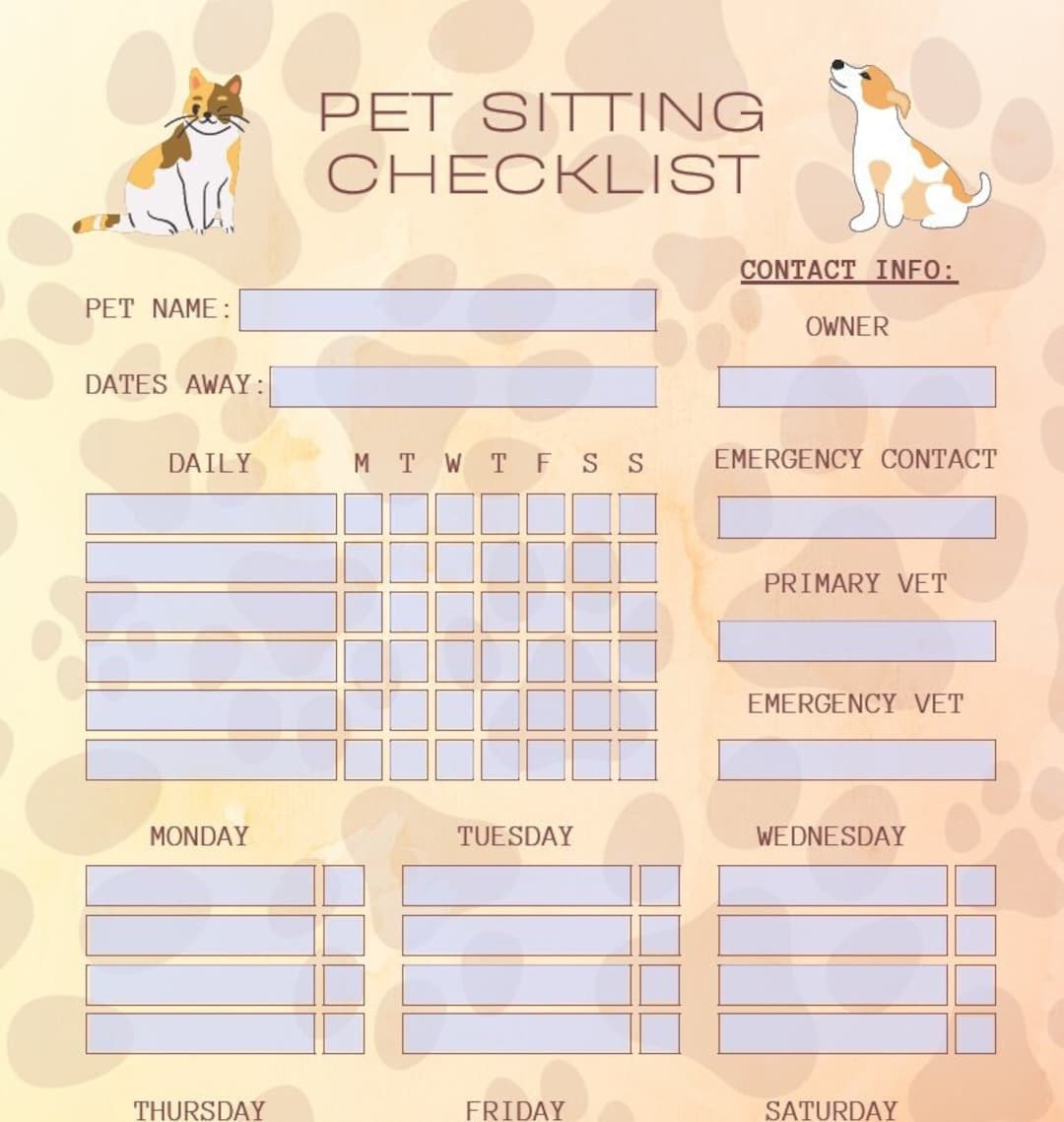 Vet Created, EDITABLE Printable Pet Sitting Checklist, Dog Sitting ...