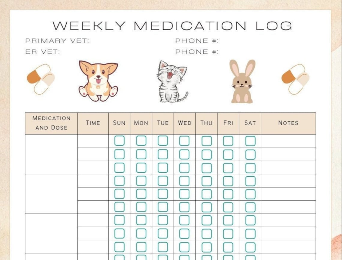Vet Created, EDITABLE Printable Weekly Pet Medication Log , Pill ...
