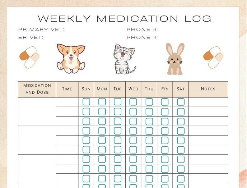Vet Created, EDITABLE Printable Weekly Pet Medication Log , Pill ...