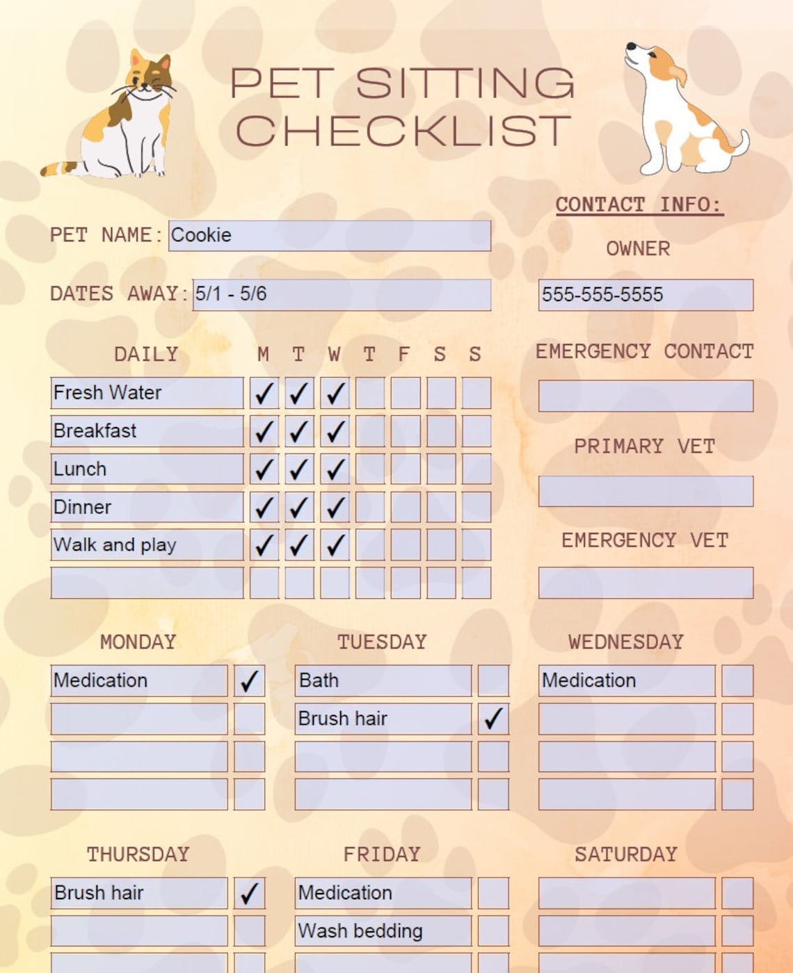 Vet Created, EDITABLE Printable Pet Sitting Checklist, Dog Sitting ...