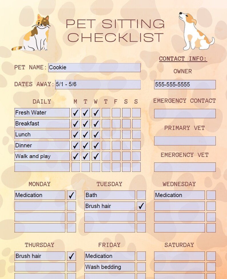 Editable Pet Sitting Checklist: Vet Created, Dog & Cat Care (digital ...
