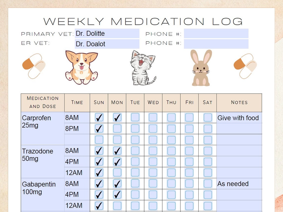Vet Created, EDITABLE Printable Weekly Pet Medication Log , Pill ...