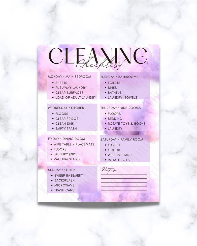 Printable Weekly Cleaning Checklist Aesthetic Pink Purple - Etsy