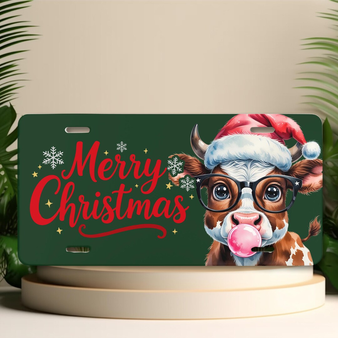 Merry Christmas Cow Front License Plate, Cute Animal, Christmas Santa ...