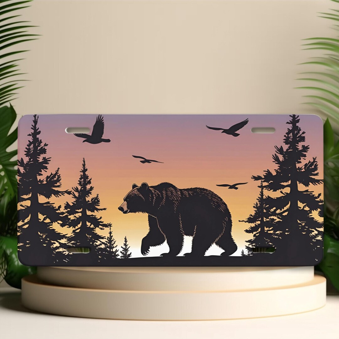 Bear Front License Plate, Wildlife Auto Tag, Forest Landscape Car Decor ...