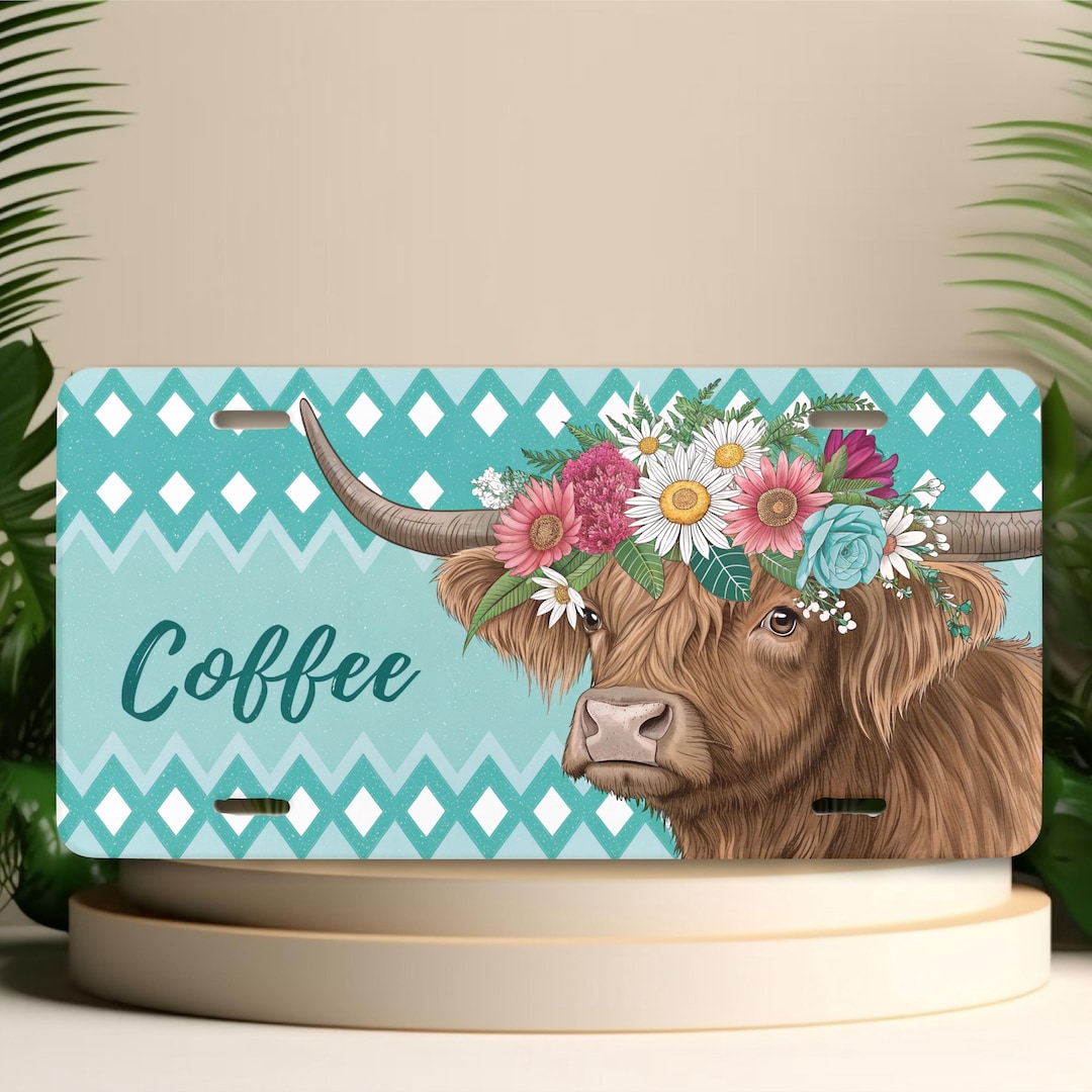 Coffee Highland Cow Front License Plate, Floral Bull Car Tag, Cute ...