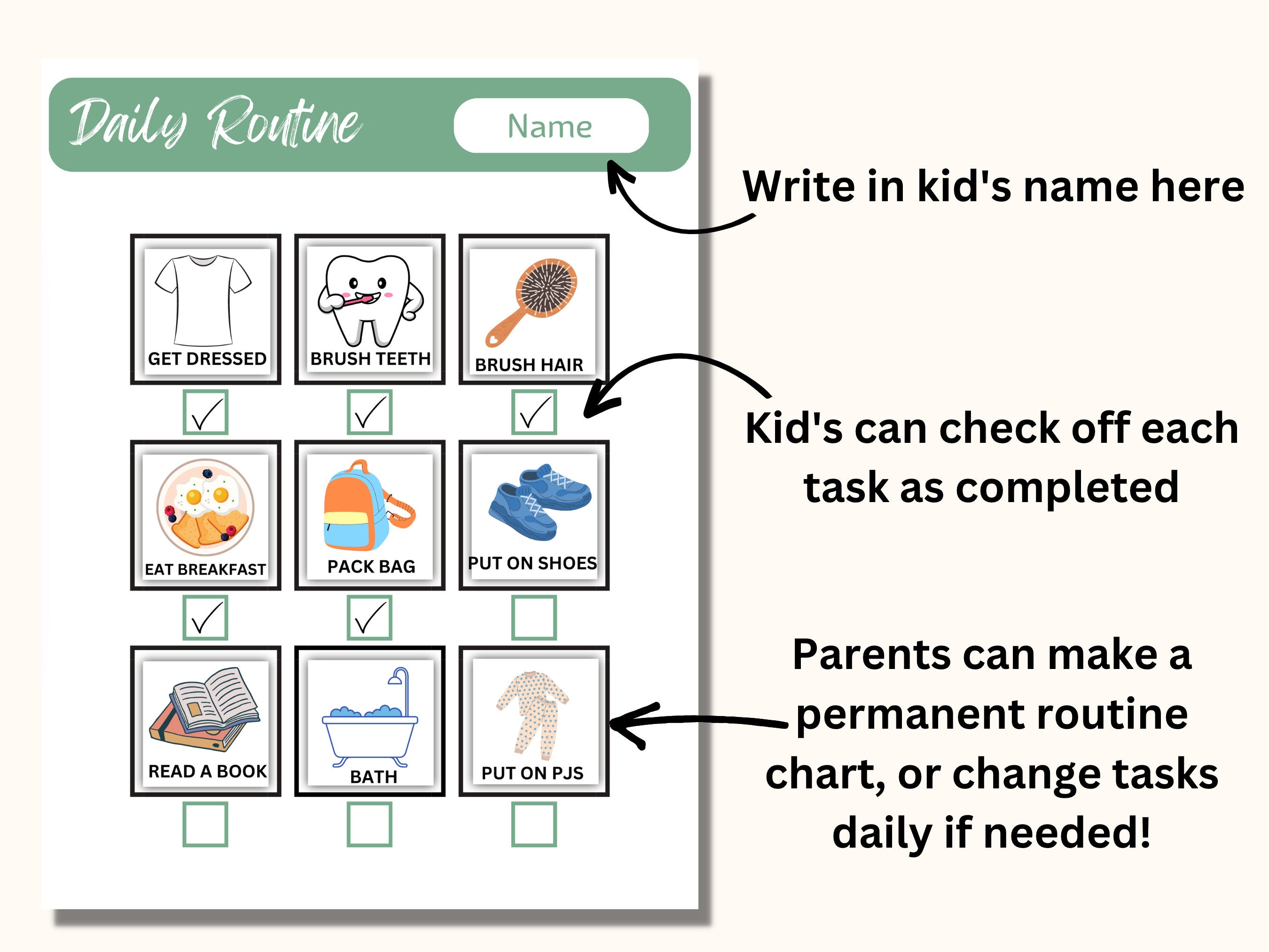 Kids Daily Routine Chart in Green Daily Checkmarks - Etsy