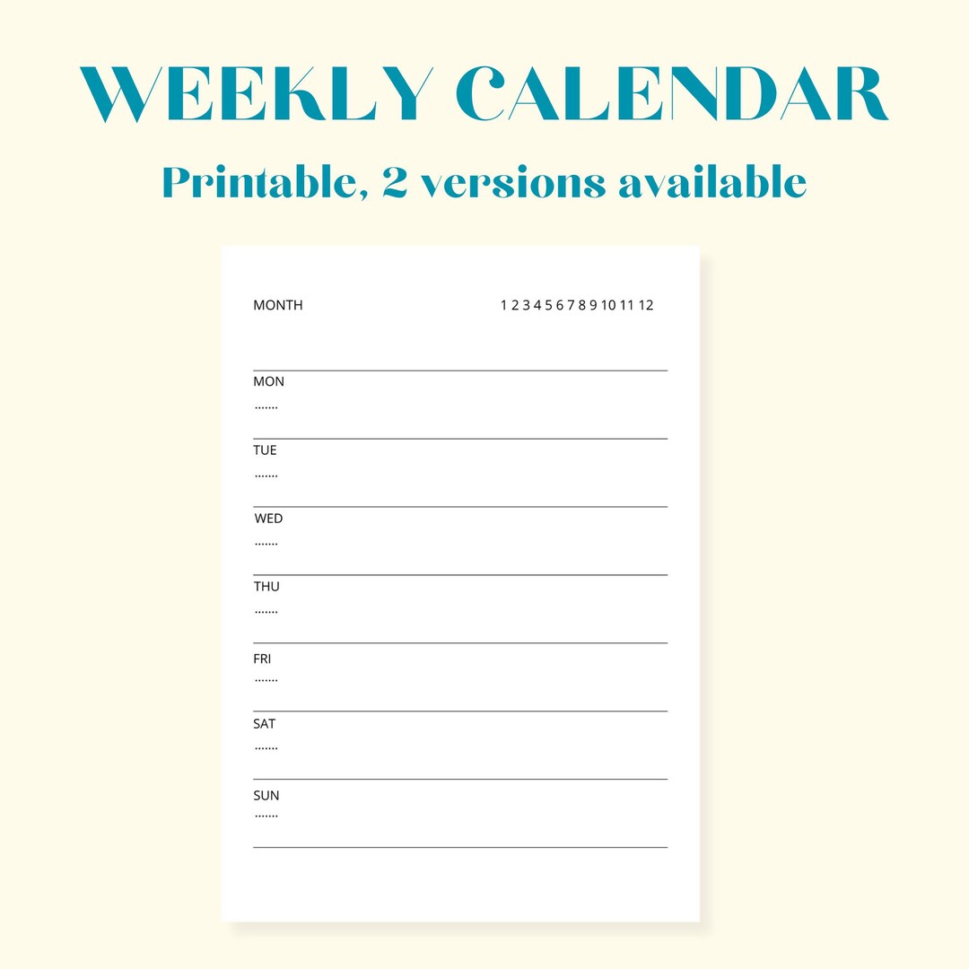 Universal Blank Weekly Calendar Undated Planner for Any Week, Digital ...