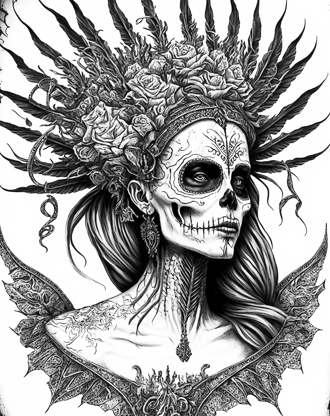 La Catrina Angel Day of the Dead Coloring Sheet, Adult Coloring Page of ...