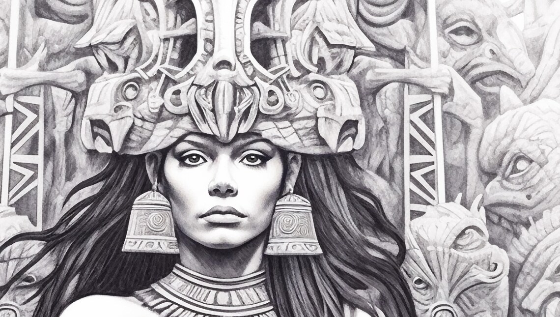 Female Aztec Warrior Queen Coloring Page, Adult Color Sheet of the Face ...