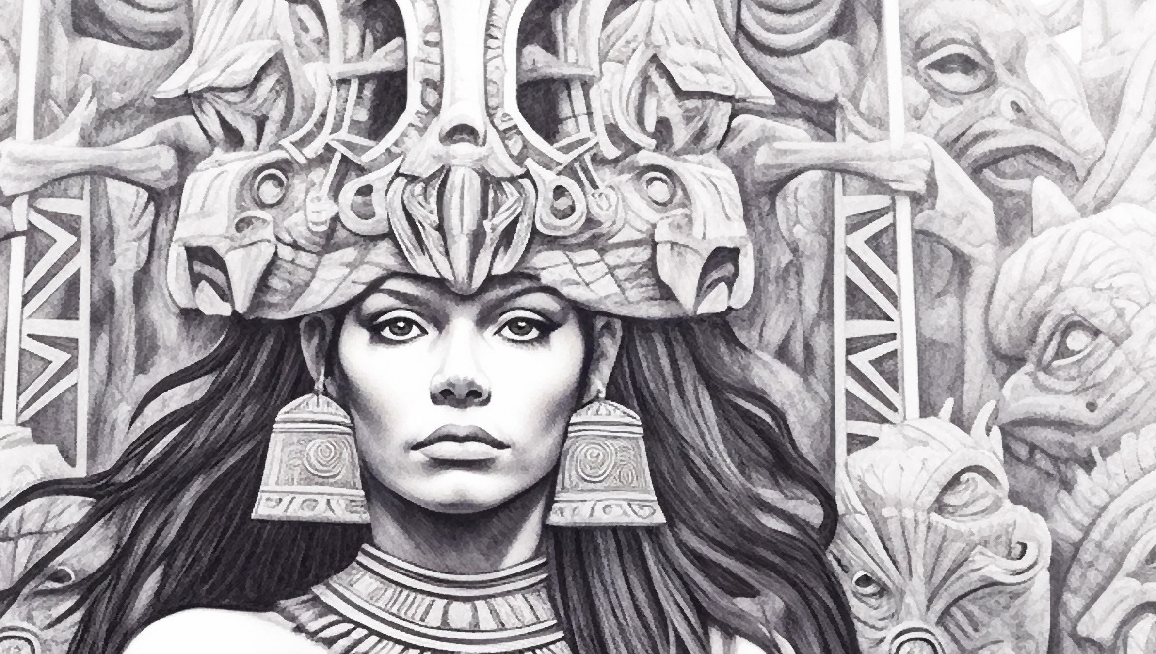 Female Aztec Warrior Queen Coloring Page, Adult Color Sheet of the Face ...