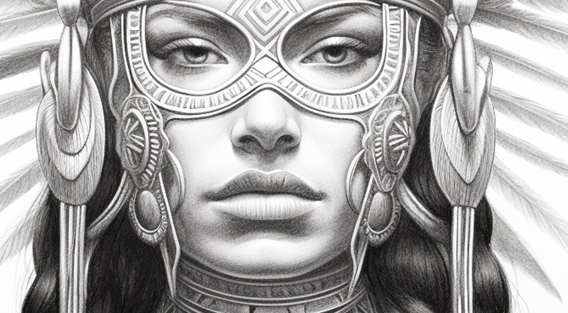 Aztec Warrior Queen Coloring Page 2, Adult Color Sheet of the Face of a ...