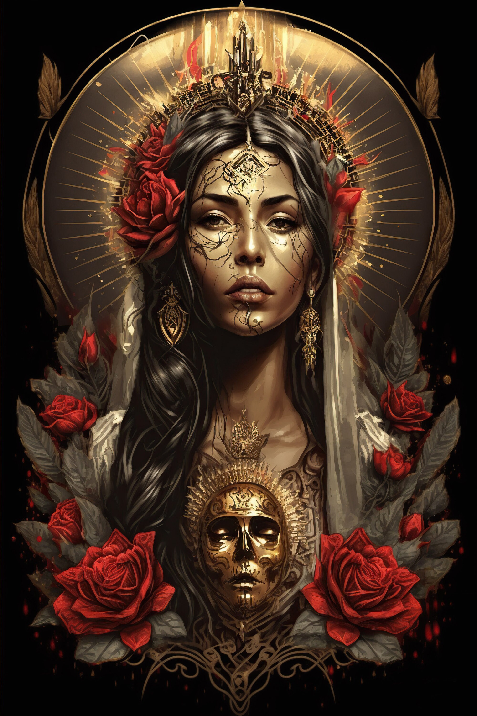 Aztec Chicana Virgin Mary Goddess With Roses Digital Image, Machine ...
