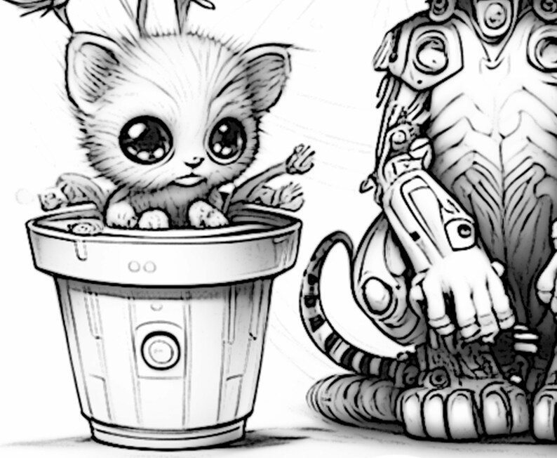 Cute Biomechanical Kitten Coloring Sheet, Adult Fantasy AI Coloring ...