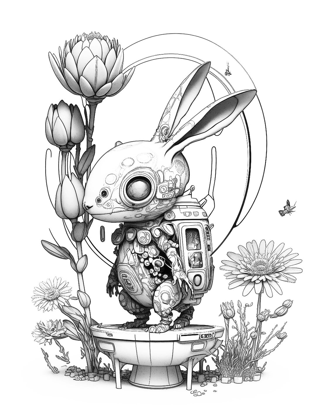 Cute Biomechanical Rabbit Coloring Sheet, Adult Fantasy AI Coloring ...