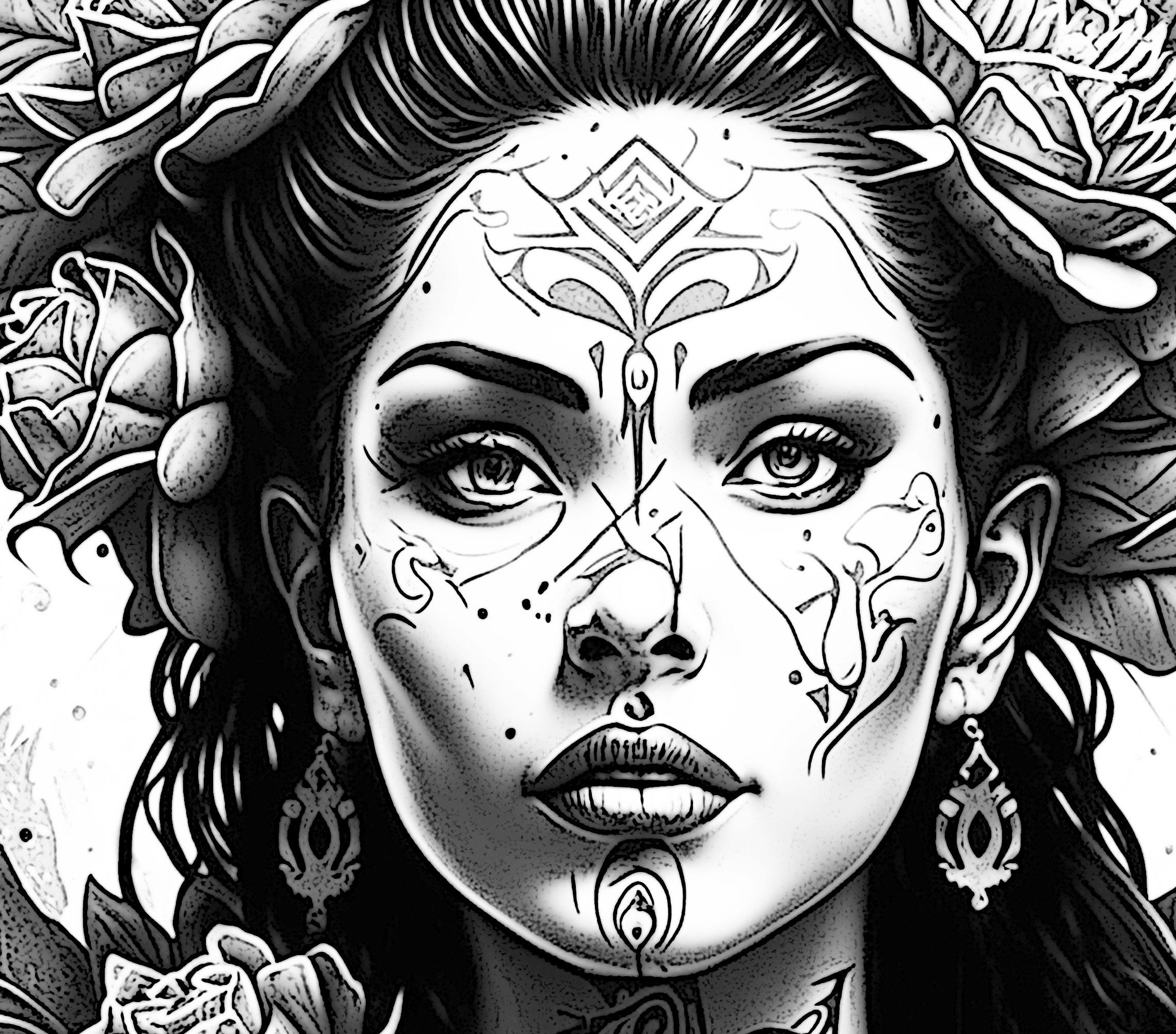 Xicana Rose Queen Coloring Page, Adult Coloring Sheet of the Face of a ...