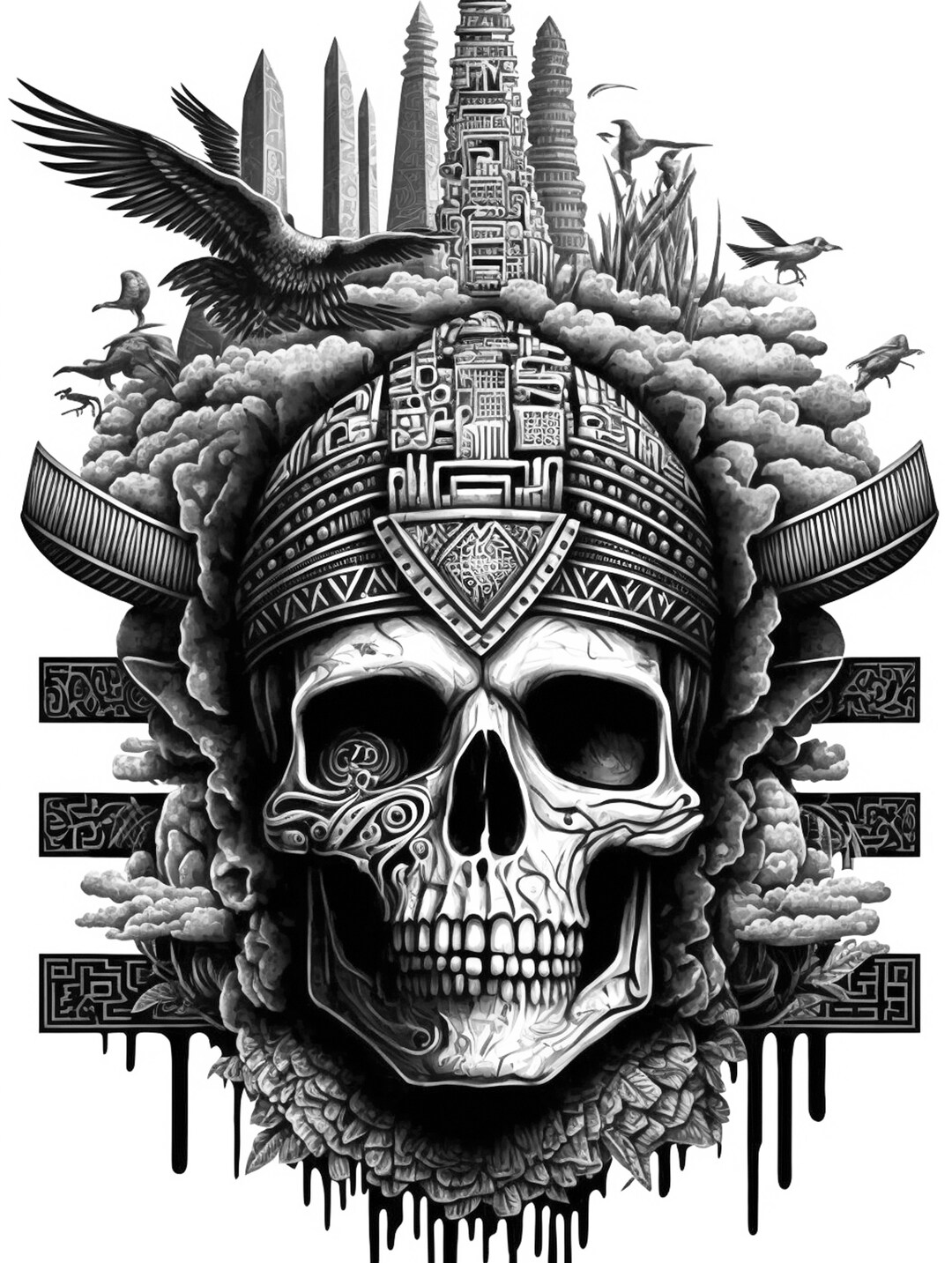 Aztec Temple Skull Coloring Page, Adult Coloring Sheet of Skull of a ...