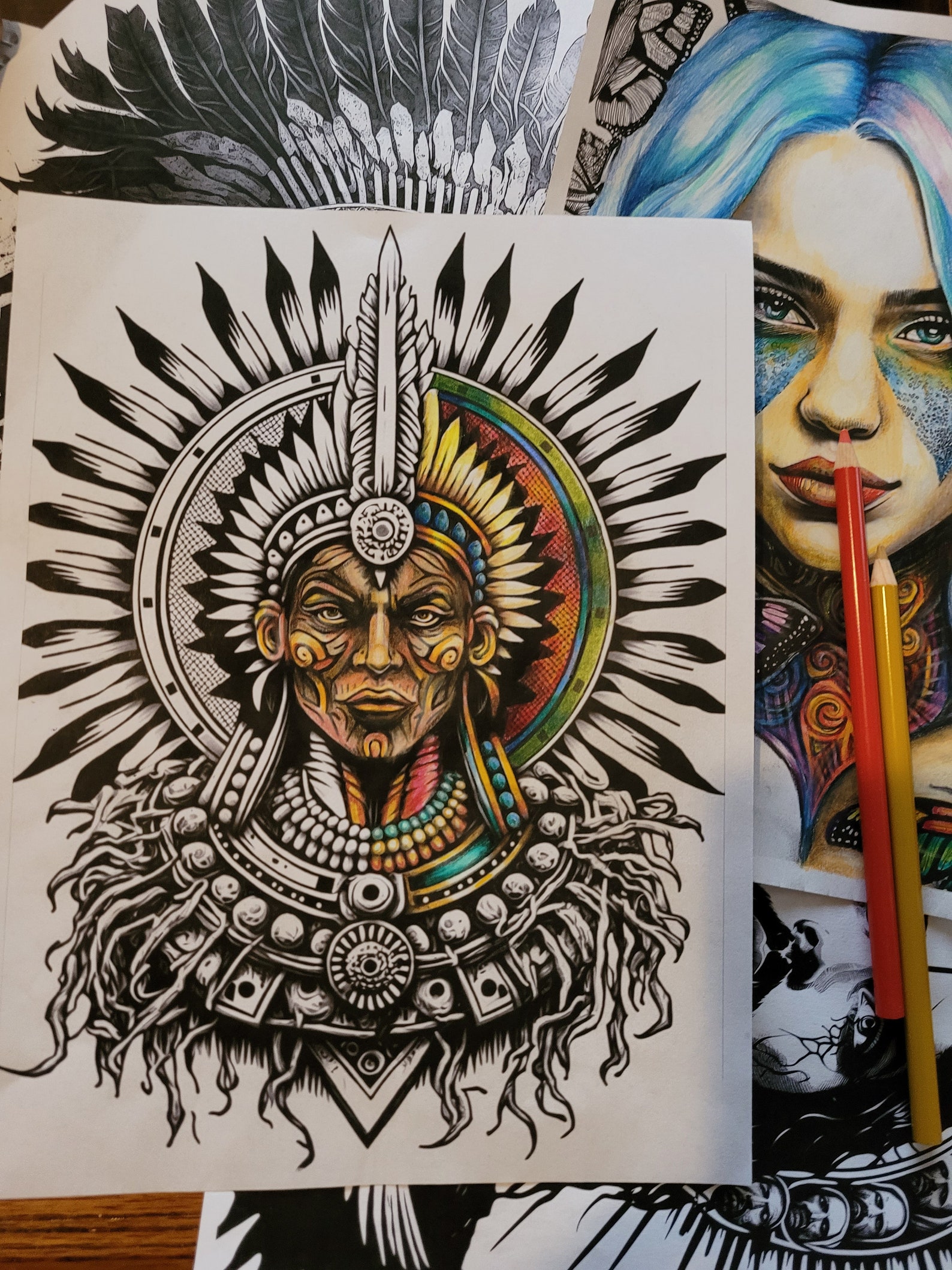 Aztec Warrior Queen Coloring Page 2, Adult Color Sheet of the Face of a ...