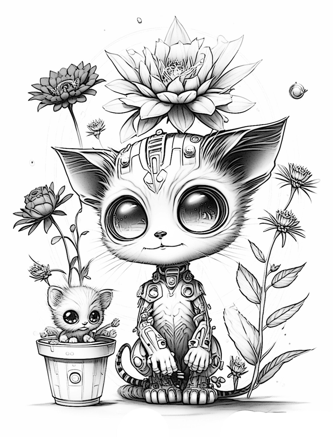 Cute Biomechanical Kitten Coloring Sheet, Adult Fantasy AI Coloring ...