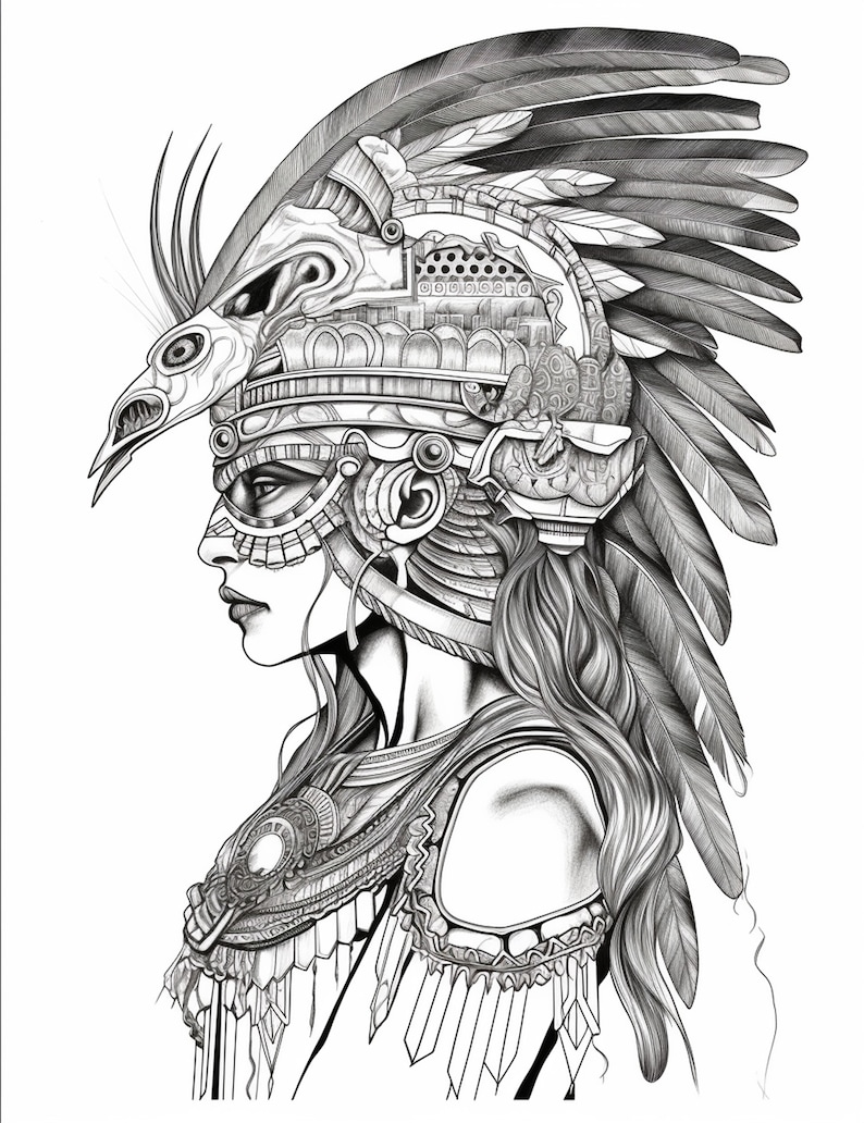 Aztec Warrior Goddess Coloring Page, Adult Coloring Sheet of the Face ...