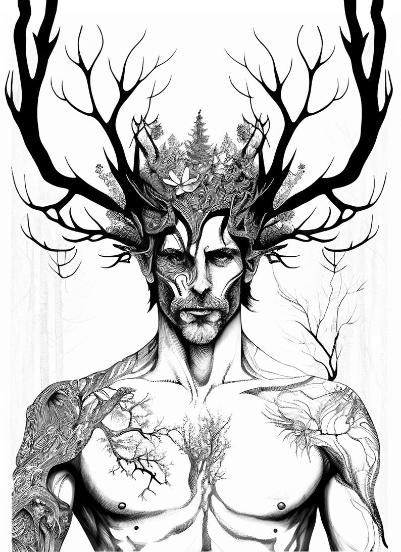 The Horned Green Man Coloring Page, AI Generated Adult Coloring Sheet ...