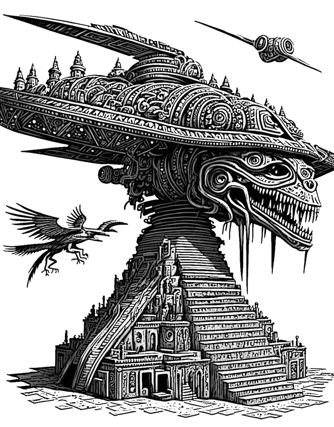 Spaceship Docking on Mayan Temple Adult Coloring Page, A Machine ...