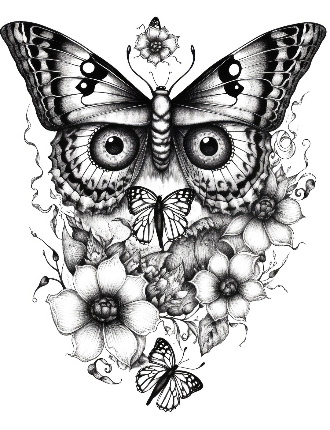 Psychedelic Moth With Flowers, Fantasy Adult Coloring Sheet of A ...