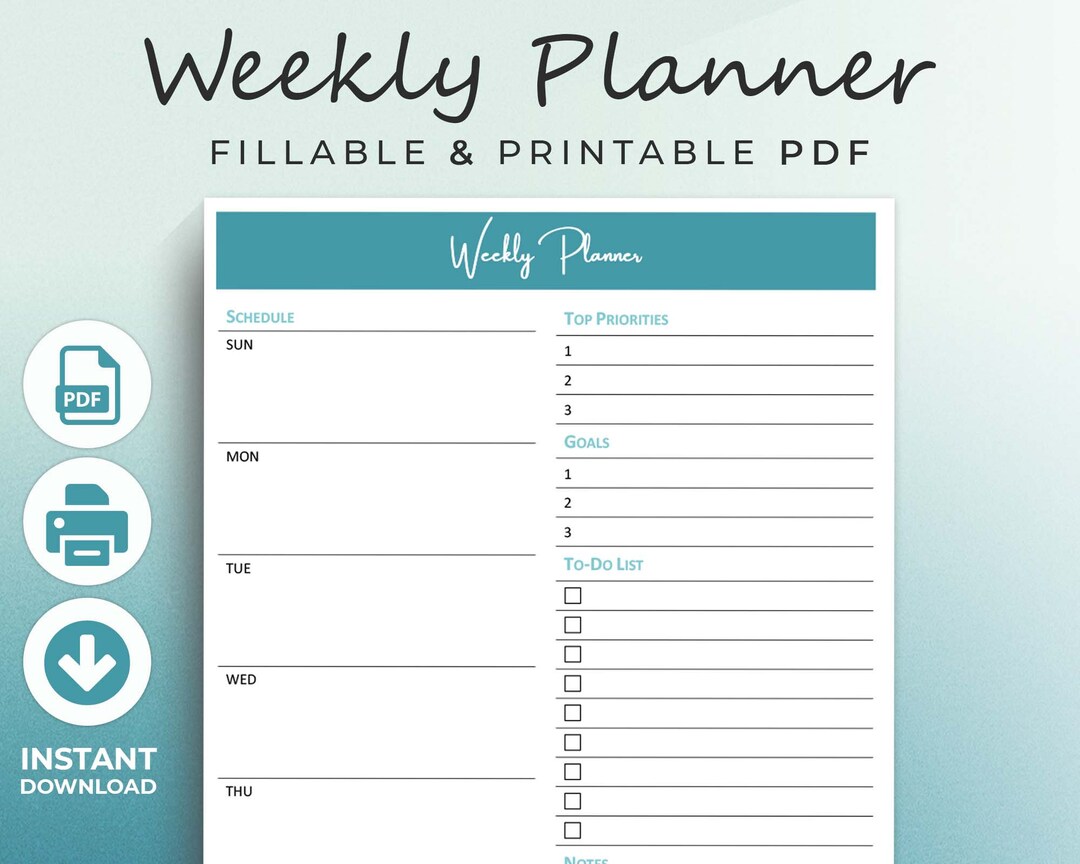 Weekly Planner, Fillable, Printable, Weekly To-do List, Weekly Goal ...