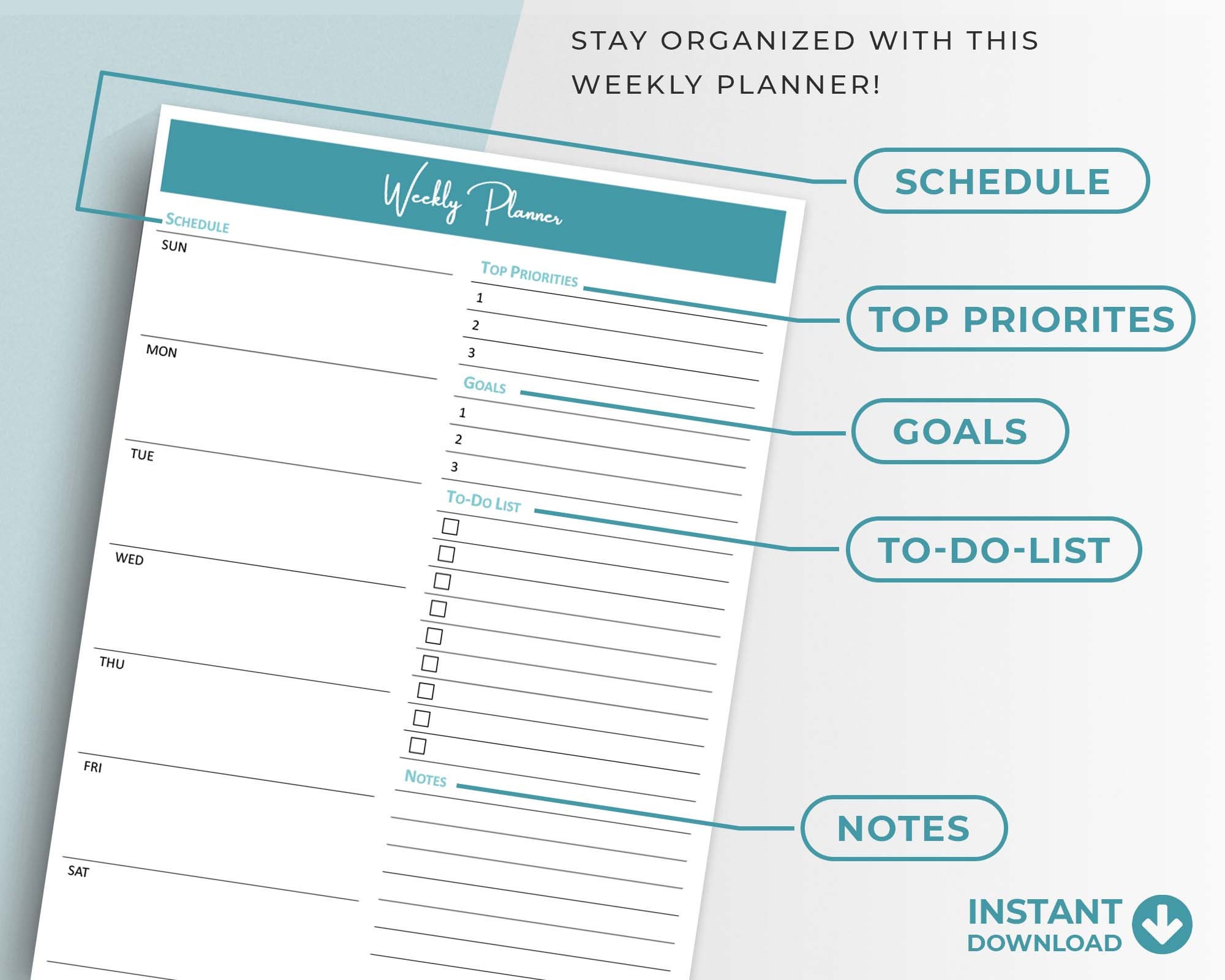 Weekly Planner, Fillable, Printable, Weekly To-do List, Weekly Goal ...
